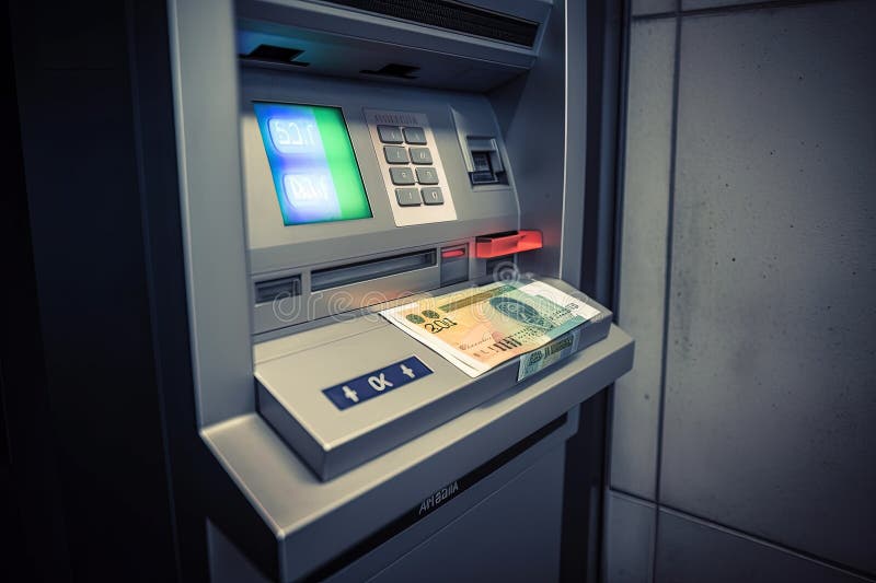 ATM Machine and Euro. Withdrawing 50 Euro Banknotes. Banking Con Stock ...