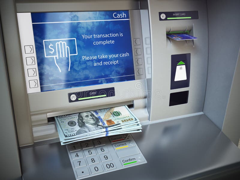 ATM Machine and Money. Withdrawing Dollar Banknotes Stock Illustration ...