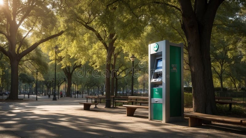 ATM Machine in Park, Sunlight, Trees, Benches Stock Image - Image of ...