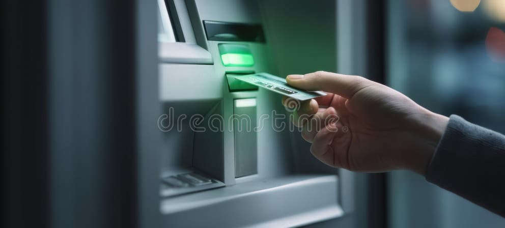The ATM Machine in Use with a Card Being Inserted for Transaction. AI ...