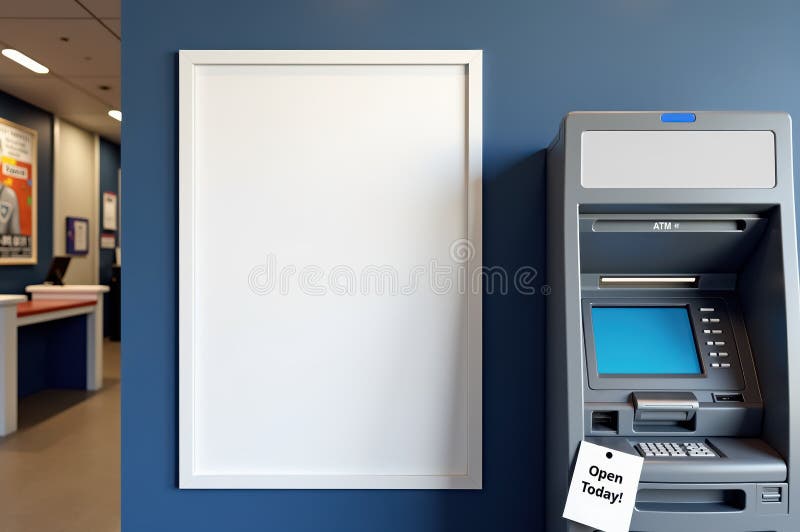 Atm in Modern Bank Interior with Blank Vertical Poster on Blue Wall. AI ...