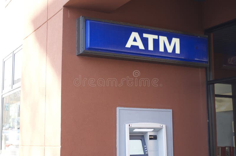 ATM with sign stock image. Image of bank, generic, wall - 49969375