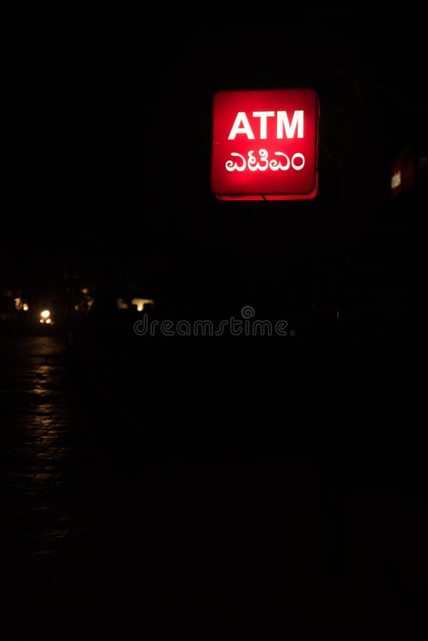 Atm Sign Board on a Dark Street Stock Image - Image of bowl, neon ...