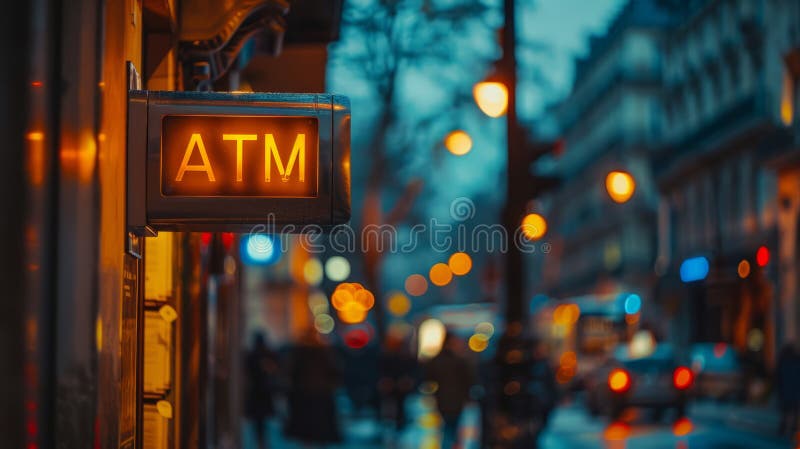 ATM Sign Illuminated at Dusk. Stock Image - Image of payment ...