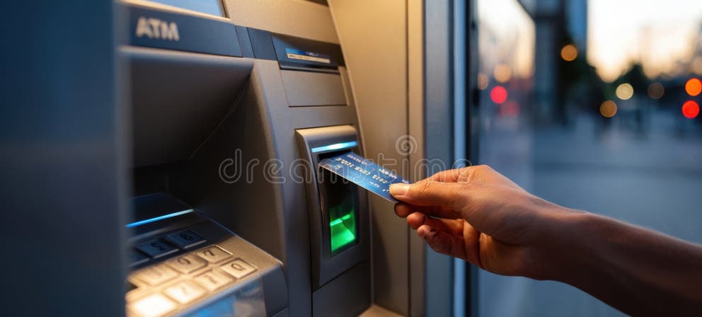 The ATM Transaction with a Hand Inserting a Banking Card at Dusk. AI ...
