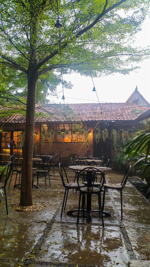 The Atmosphere of the Cafe Garden in the Afternoon when it Rains with ...