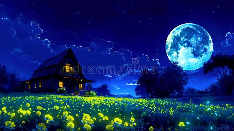 The Atmosphere of a Secluded House in Spring at Night when the Moon is ...