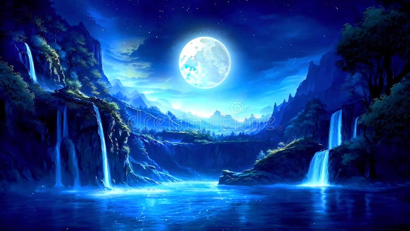 The Atmosphere of the Waterfall in Spring when the Moon Shines Stock ...