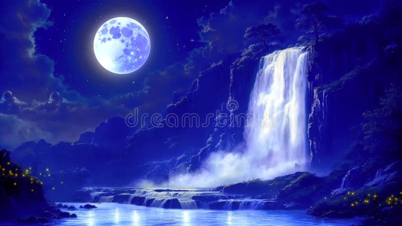 The Atmosphere of the Waterfall in Spring when the Moon Shines Stock ...