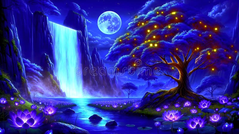 The Atmosphere of a Waterfall Under the Light of a Full Moon during ...