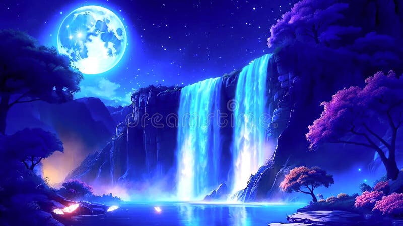 The Atmosphere of a Waterfall Under the Light of a Full Moon during ...