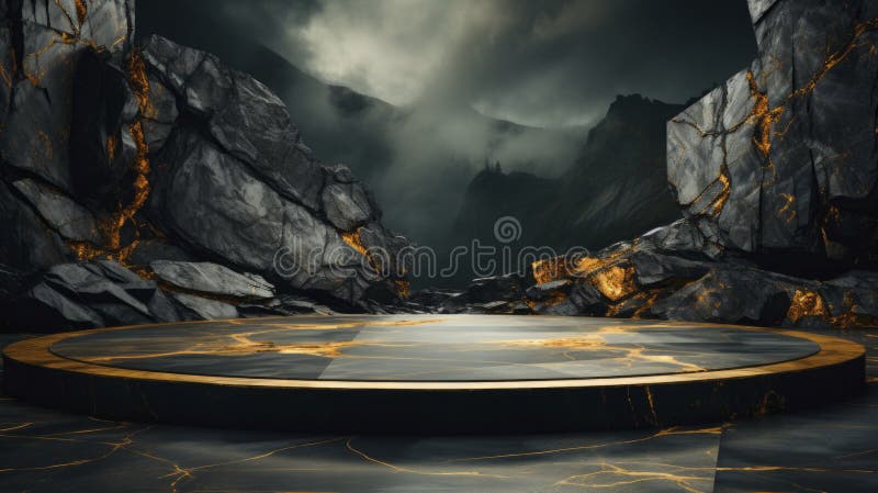 Atmospheric Abstract Design with Central Platform and Golden Veined ...