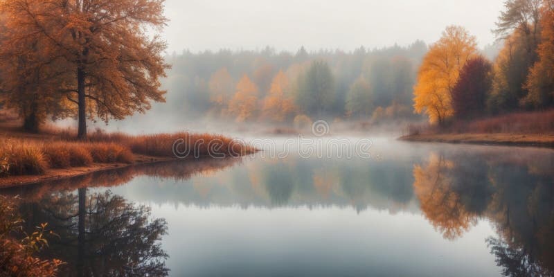 Atmospheric Autumn Landscape with Fog and a Pond. Stock Image - Image ...