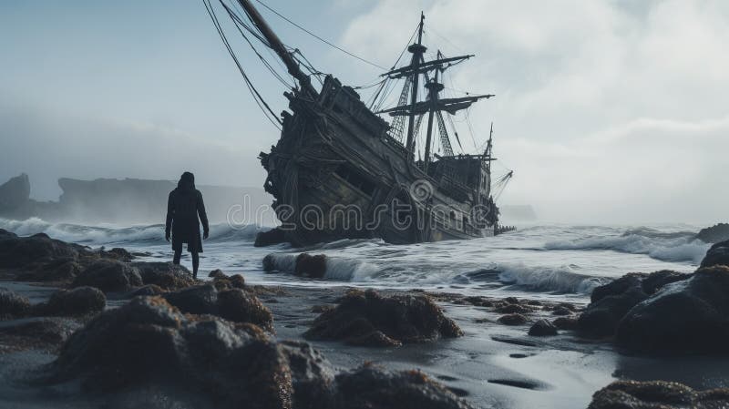 Atmospheric Effects: Man Standing on Beach Near Pirate Ship Stock ...