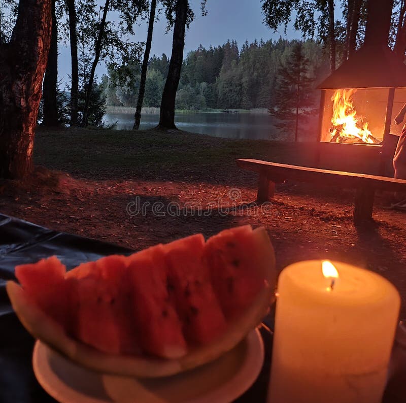 Lake and Fire Evening on the Lake Beautiful Nature, Bonfire Stock Photo ...
