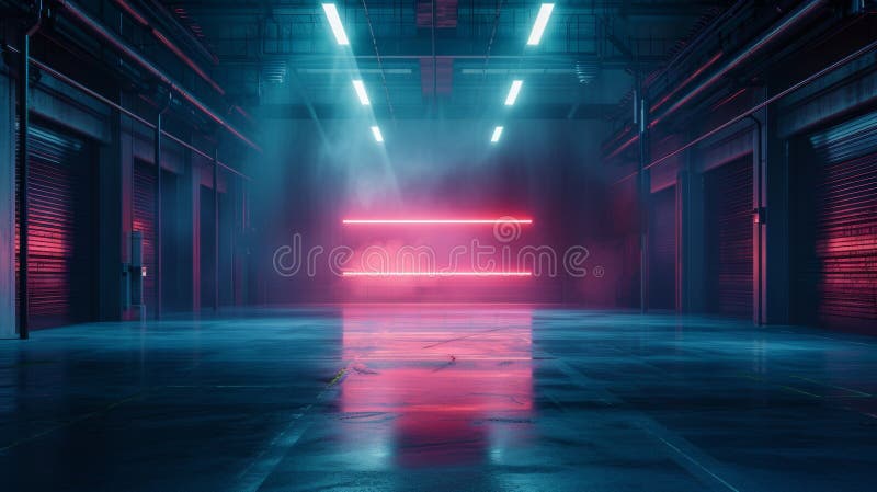 Atmospheric Industrial Interior with Neon Red Lighting and Mist ...