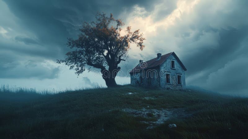 Atmospheric Landscape of an Abandoned House Under a Tree with a ...