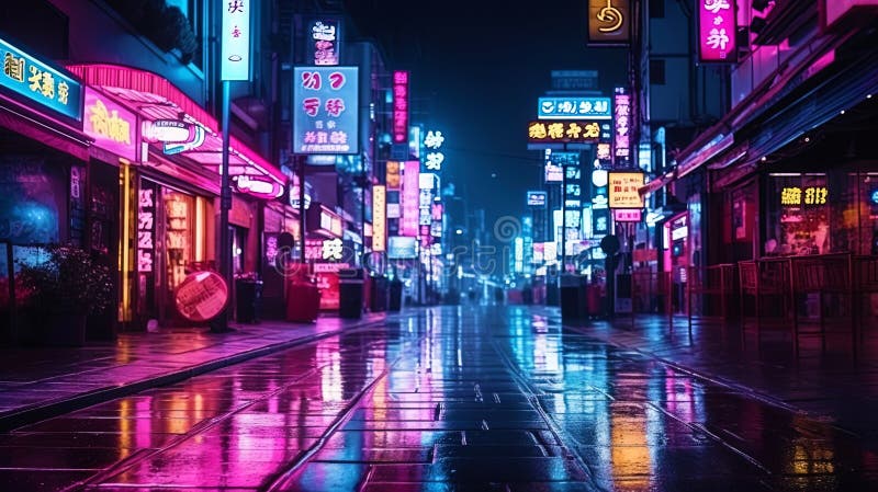 Atmospheric Night City with Bright Neon Signs and Lights Stock ...