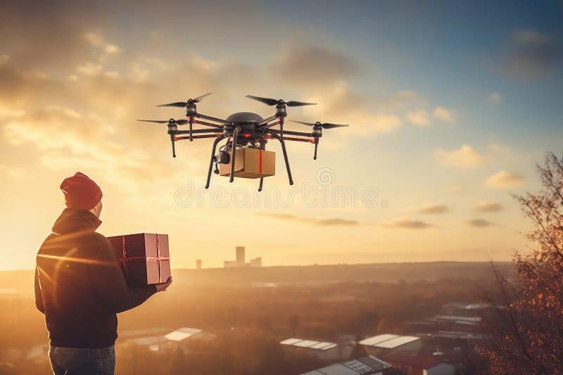 Atmospheric Process of Unmanned Drone Delivery. Generative AI Stock ...