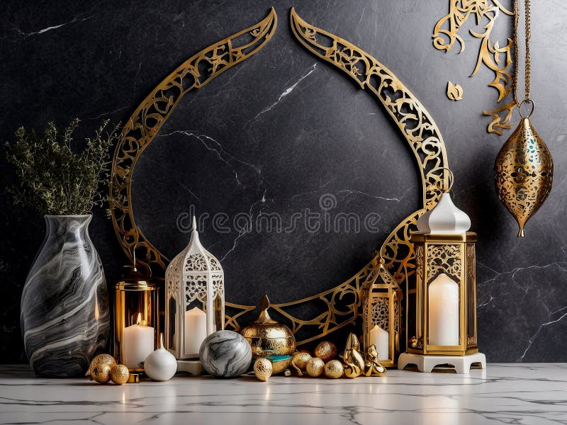 Atmospheric Ramadan and Eid Concept Design in Gold with Lanterns, Decor ...