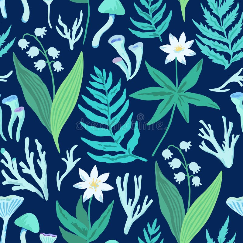 Atmospheric Seamless Pattern with Plant Forest Elements, Spring Flowers ...