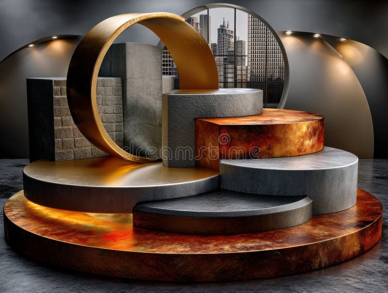 Warm-Lit Stone Hall Featuring Circular Display Levels Stock ...