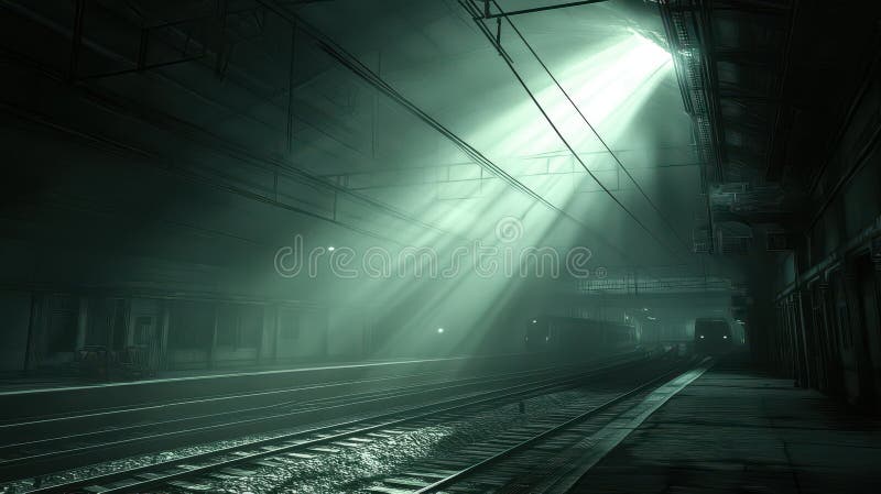 Atmospheric Train Station Platform Illuminated by Light Beams Stock ...