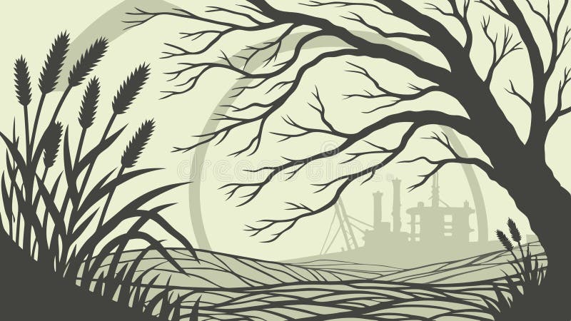 Gnarly Tree in Misty Industrial Landscape, Vector Design Generative AI ...