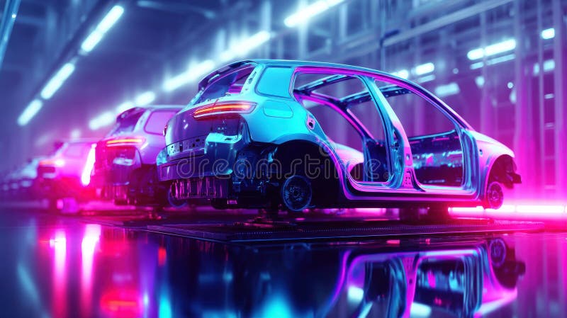 An Atmospheric View of Car Frames on an Industrial Assembly Line Under ...