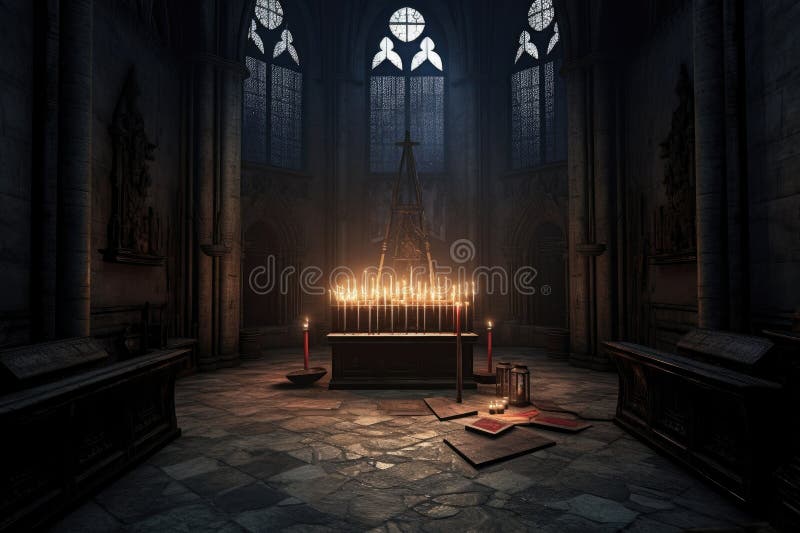 Atmospheric View of Gothic Cathedral Crypt with Candlelight Stock ...