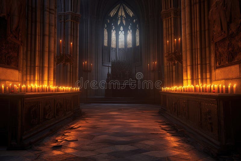 Atmospheric View of Gothic Cathedral Crypt with Candlelight Stock ...