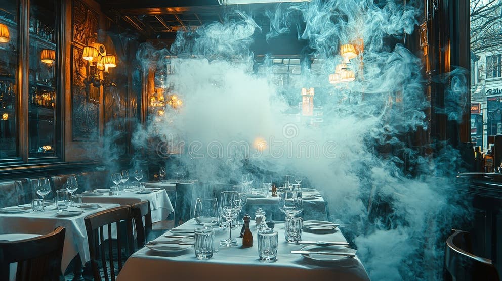 Smoke-filled Elegant Restaurant Interior with Set Tables Stock Photo ...