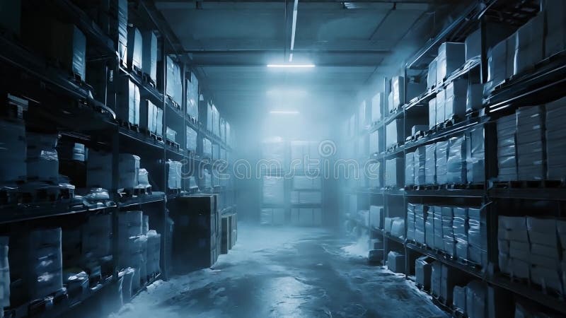 Atmospheric Warehouse Aisle with Fog and Dim Blue Lighting Stock ...
