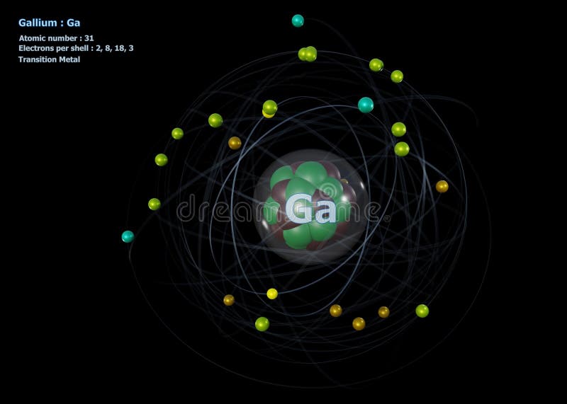 Atom of Gallium with Detailed Core and Its 31 Electrons on Black Stock ...