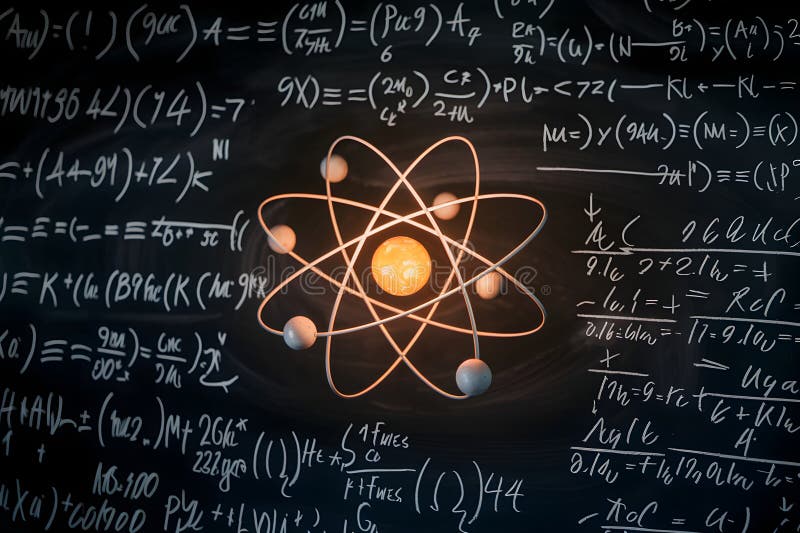 Atom with Glowing Core, Chalkboard Filled with Complex Mathematical ...