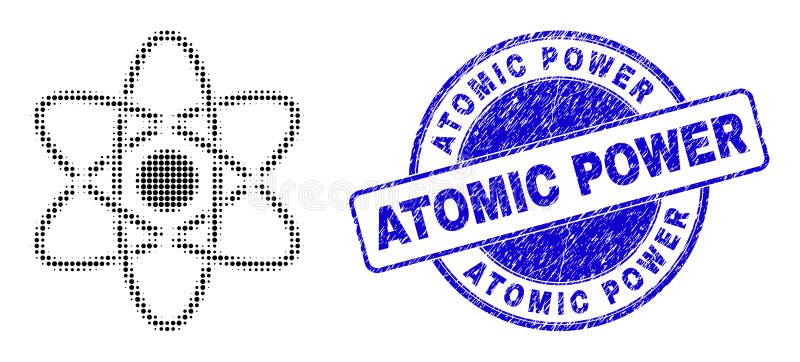 Atom in Halftone Dot Style with Blue Grunge Atomic Power Badge Stock ...
