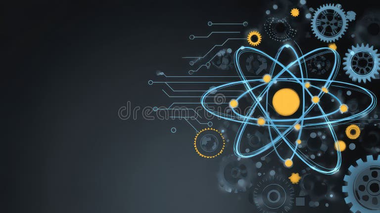 Atom Model Rotating with Gears and Circuits Representing Technological ...