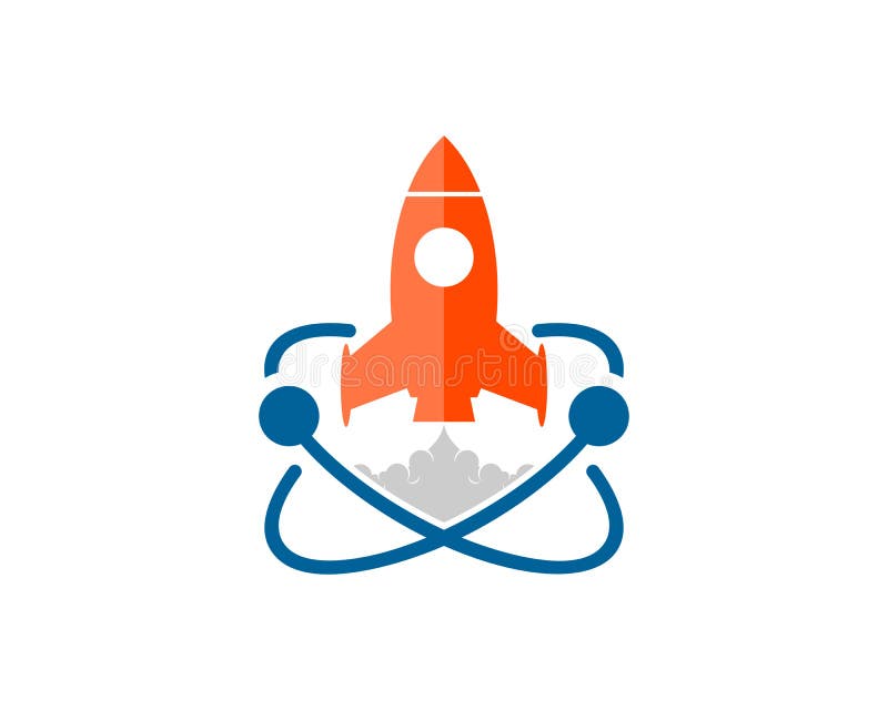 Atom Symbol with Orange Rocket Launch Stock Illustration - Illustration ...