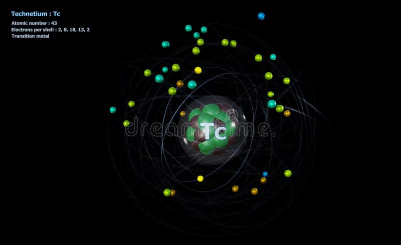 Atom of Technetium with Core and 43 Electrons on Black Stock ...