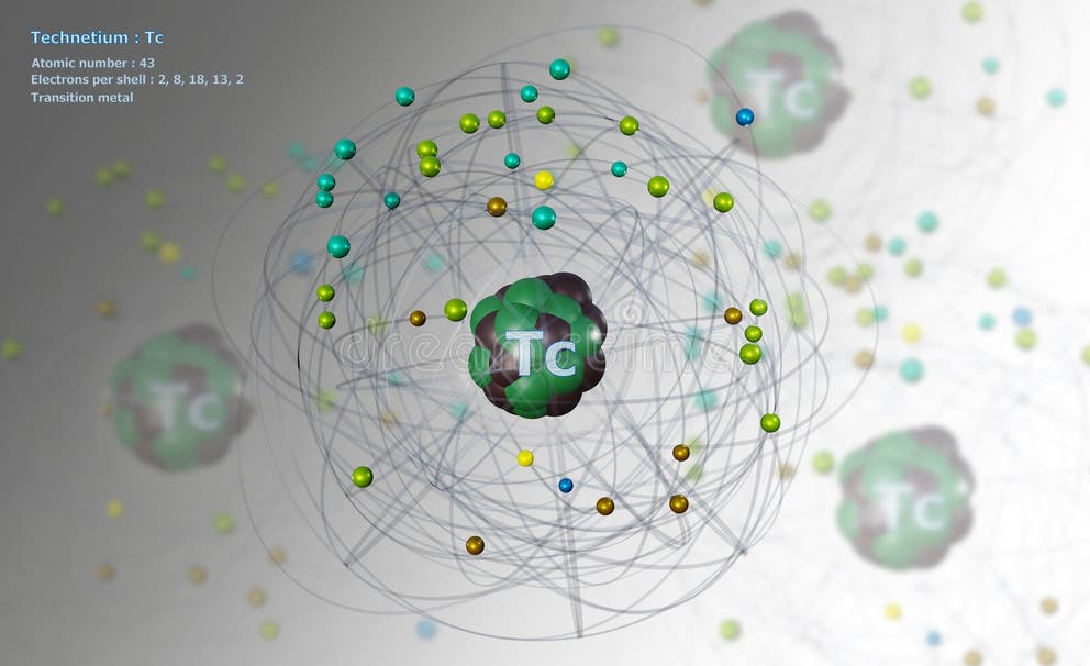 Atom of Technetium with Detailed Core and Its 43 Electrons on White ...