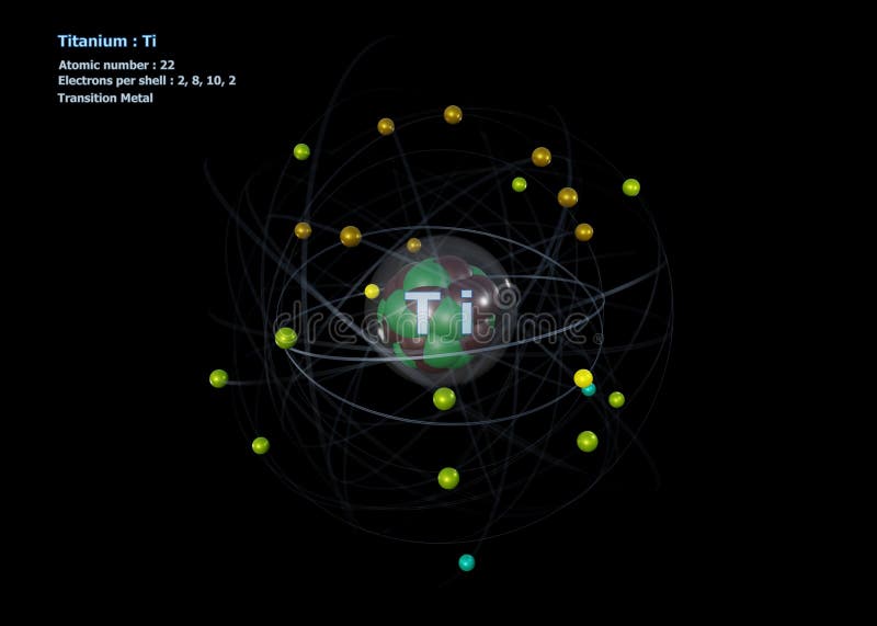 Atom of Titanium with Detailed Core and Its 22 Electrons on Black Stock ...