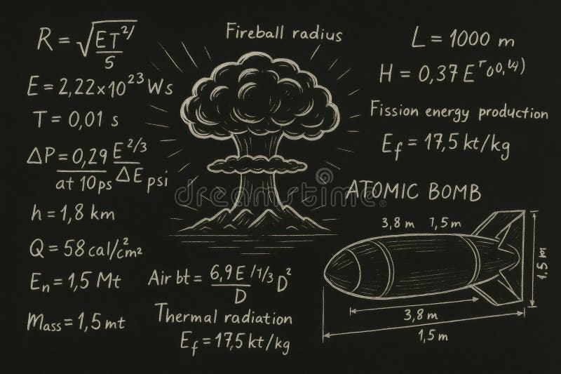 Atomic Bomb Explosion Parameters and Blueprint Drawn on Blackboard ...