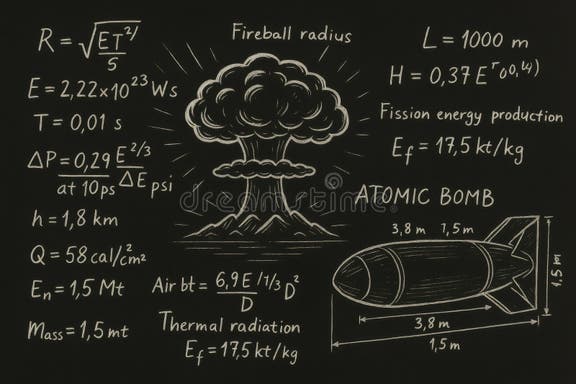 Atomic Bomb Explosion Parameters and Blueprint Drawn on Blackboard ...