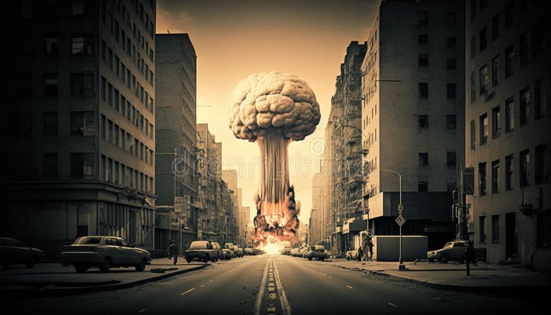Atomic Bomb in War City, Generative Illustration AI Stock Illustration ...