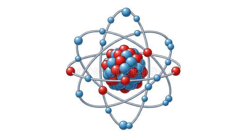 An Atomic Model Illustration Depicts a Central Nucleus Composed of Red ...