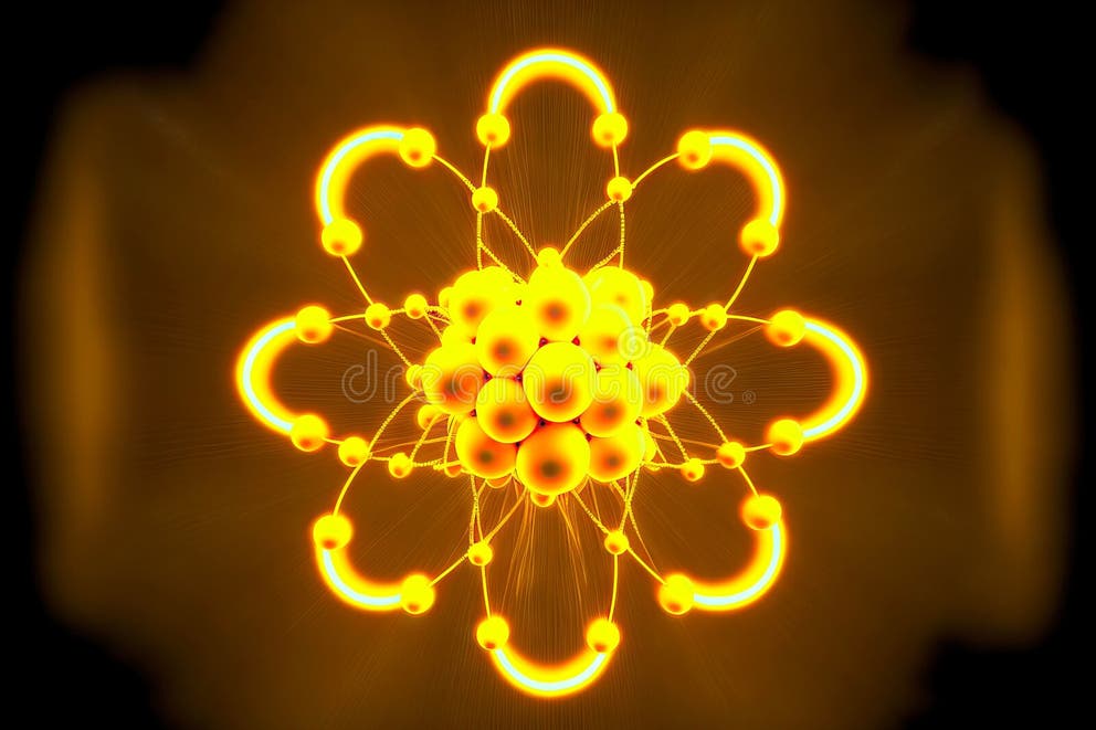 Atomic Particles Rotating on Bright Yellow Illuminated Model Atom Orbit Stock Illustration ...
