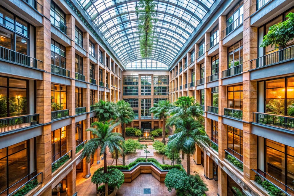 Atrium View Modern Architecture with Open Skylight Stock Illustration ...