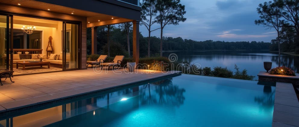 Atrium with Views of a Solar-Lit Lake Stock Image - Image of luxurious ...