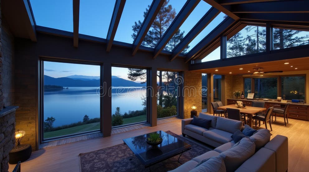 Atrium with Views of a Solar-Lit Lake Stock Image - Image of nature ...