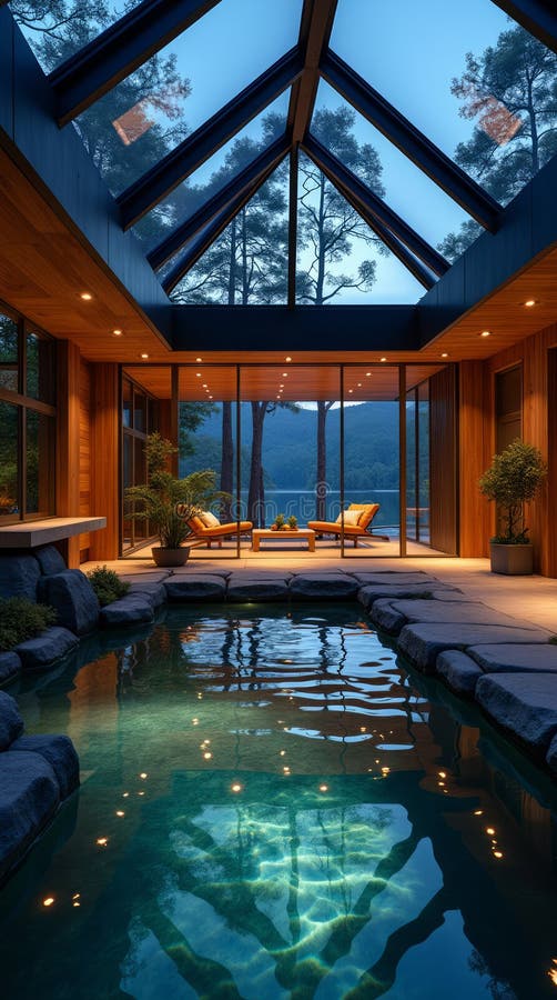 Atrium with Views of a Solar-Lit Lake Stock Photo - Image of ...